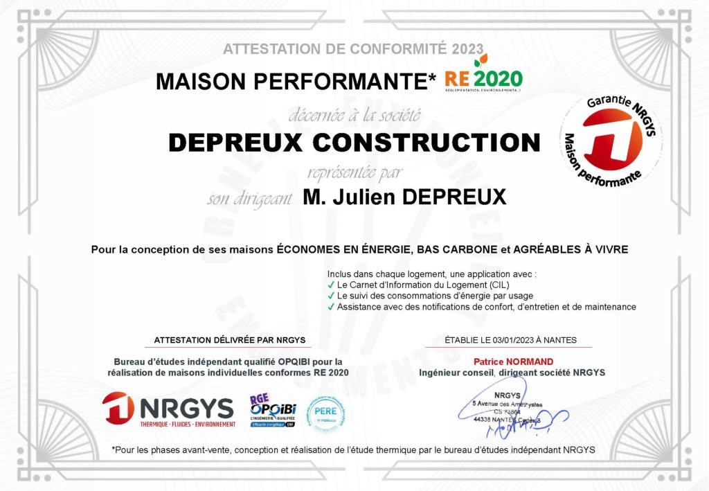 Attestation 2023 Maison Performante RE2020 - Depreux Construction